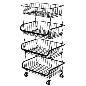 Buruis 4 Tier Stackable Storage Baskets, Metal Wire Fruit Vegetable Basket Organizer Bins with Casters, Adjustable Anti-Skid Feet, Plastic Tray, Utility Rack for Kitchen, Pantry, Bathroom (Black)