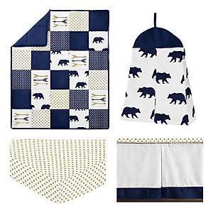 Navy Blue, Gold, and White Patchwork Big Bear Boy Baby Crib Bedding Set by Sweet Jojo Designs - 4 Pieces