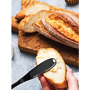 RIEOS 2 PCS Butter Spreader Knife, Stainless Steel Multi-Function Butter Knives, Black Curler with Holes & Serrated Edge, 3- in- 1 Kitchen Gadgets for Cold Butter, Bread, and Jams