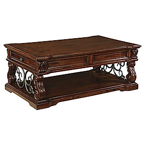 Signature Design by Ashley Alymere Traditional Lift Top Coffee Table, Hand-Finished with 2 Storage Drawers and Fixed Floor Shelf, Dark Brown