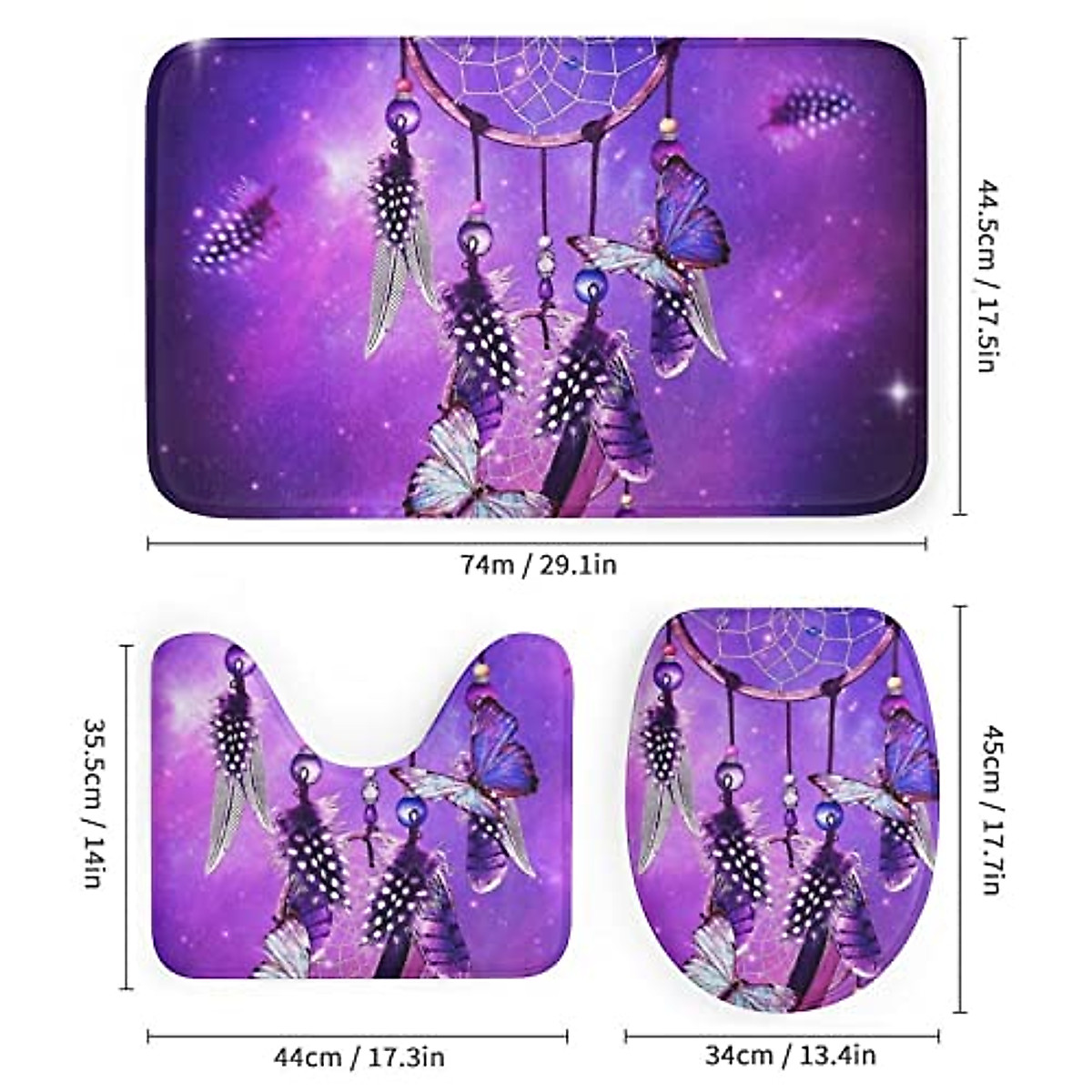 EEncantoo 4 Piece Dreamcatcher Butterflies Purple Art Shaggy Rugs + Contour Mat & Lid Cover Rubber Backing + Quick Dry Shower Stall Curtain for Dorm Room, Tub and Shower