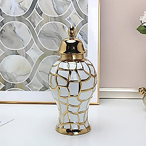 Gralara Luxury Vase Ceramic Ginger Jar with Lid, Decorative Temple Jar, Tea Tin/Tea Storage Flower Vase for Home Kitchen Dining Decoration, White Gold