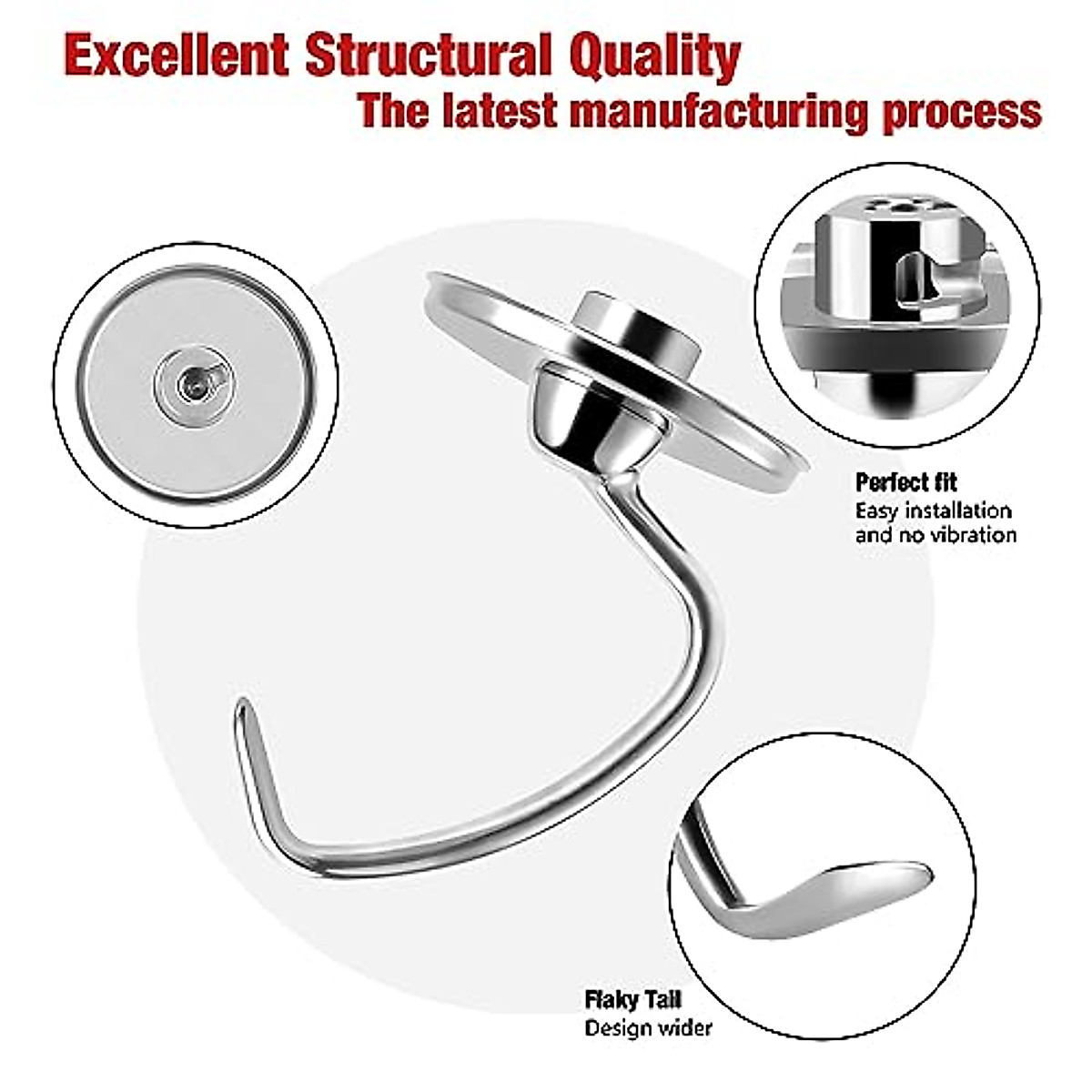 4.5-5QT Stainless Steel Dough Hook for KitchenAid Stand Mixer, Kitchen Aid Attachment Accessories/No coating/Dishwasher Safe Replacement for Kitchenaid Classic, Classic Plus and Artisan Serie Mixer