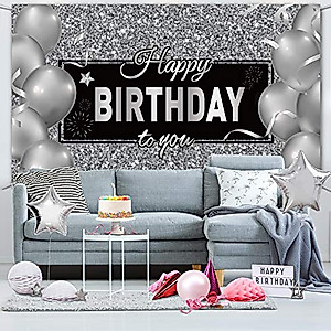 Silver Happy Birthday Banner Backdrop Silver Birthday Party Decorations Black White Balloons Happy Birthday Background Photo Photography Banner for Men Women Birthday Supplies, 72.8 x 43.3 Inch