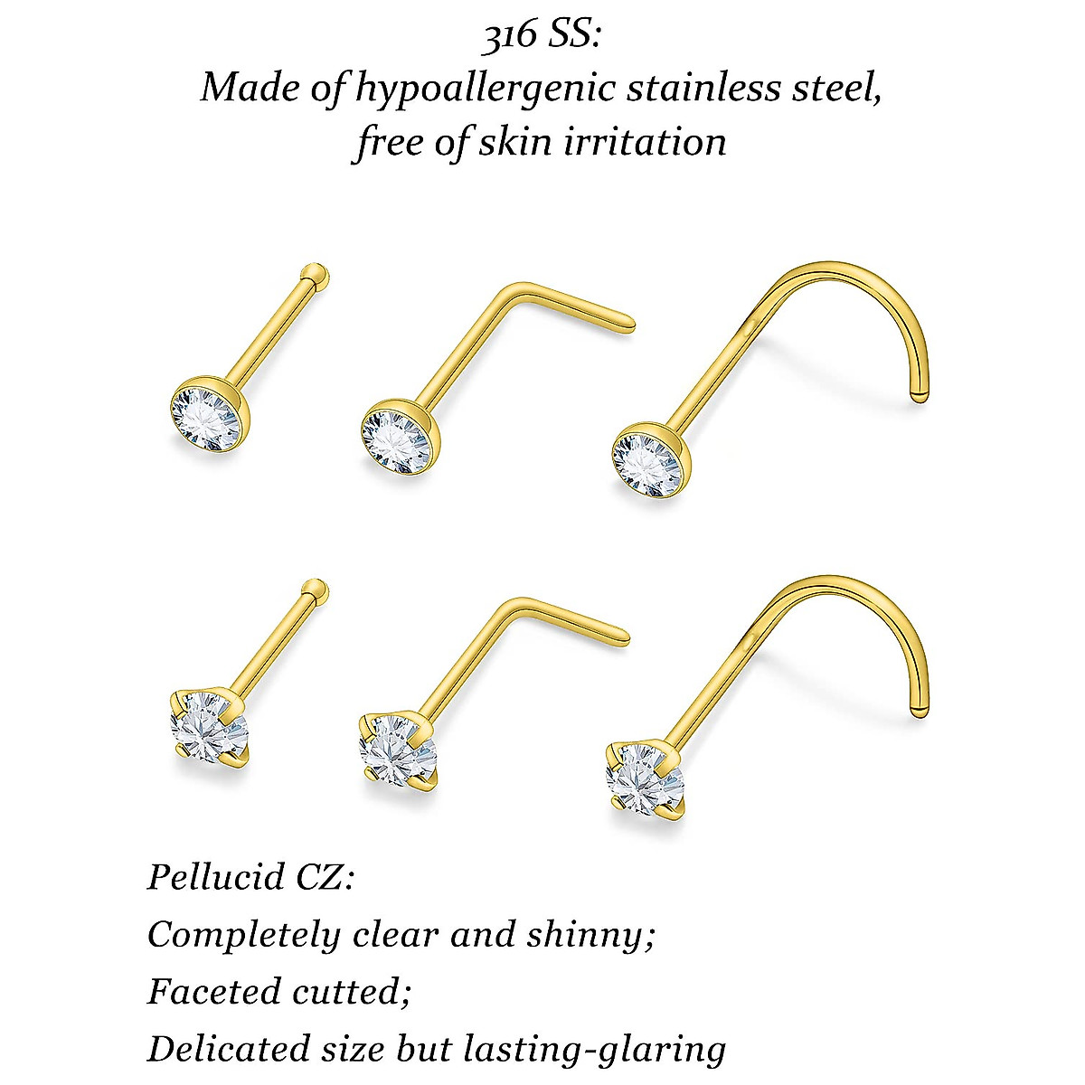 Vsnnsns 18G Nose Rings for Women 316L Surgical Stainless Steel L Shaped Nose Studs Screw Bone Nose Rings Piercings 18 Gauge Nostril Piercing Diamond CZ 1.5mm 2mm 2.5mm 3mm 3.5mm 4mm Gold
