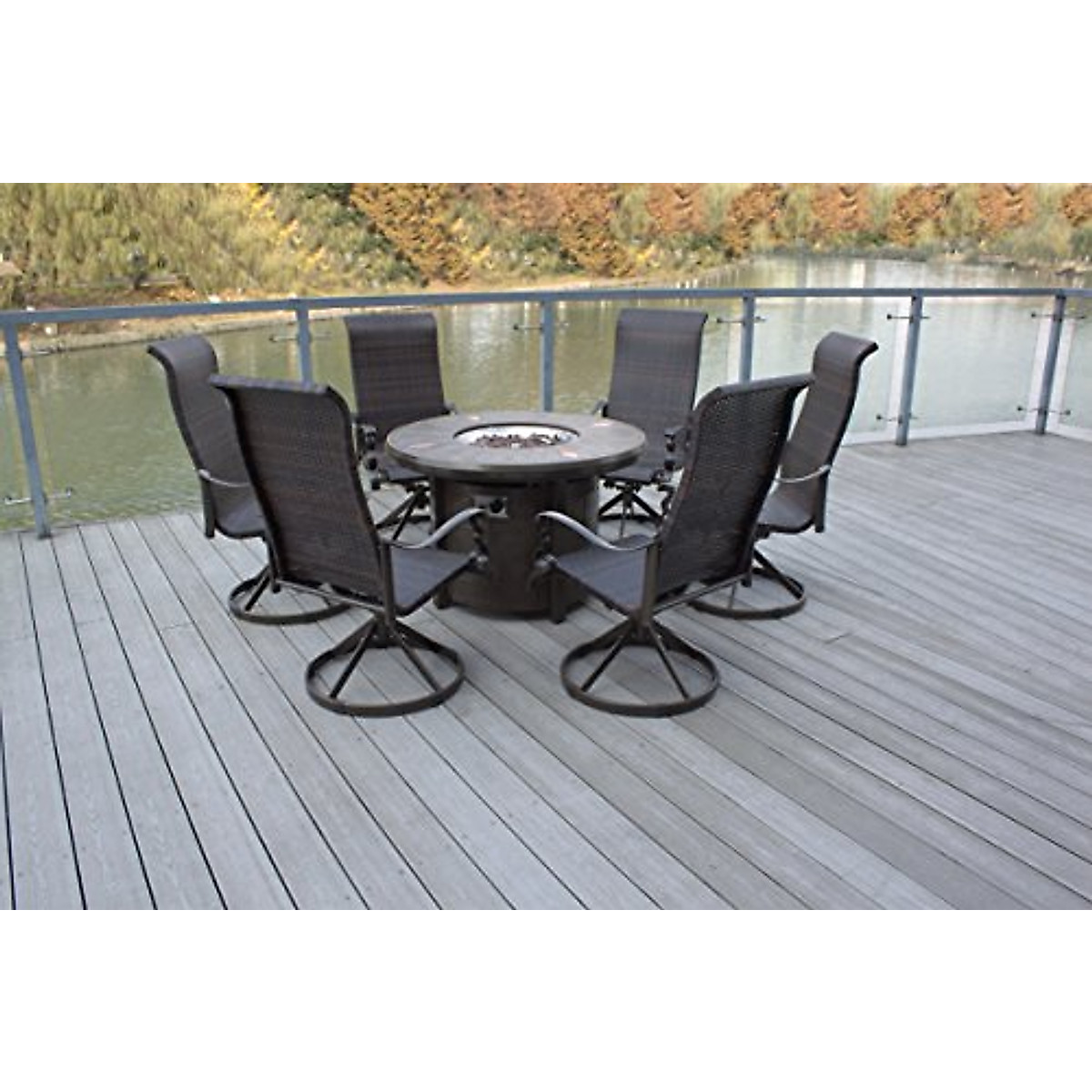 Pebble Lane Living 7pc Swivel Rocking All Weather Wicker Patio Furniture 42" Propane Fire Pit Set - Brown