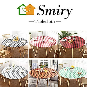 smiry Round Table Cloth Cover, Elastic Waterproof Fitted Vinyl Table Covers for 36"-44" Tables, Flannel Backed Buffalo Plaid Tablecloth for Picnic, Camping, Indoor and Outdoor, Black and White