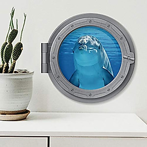 Woodland Arts 3D 11 x 11 inch Undersea Cute Dolphin Blue Deep Sea Porthole Submarine View Tropical Ocean Removable Vinyl Peel and Stick Decorative Wall Decals Stickers , 59