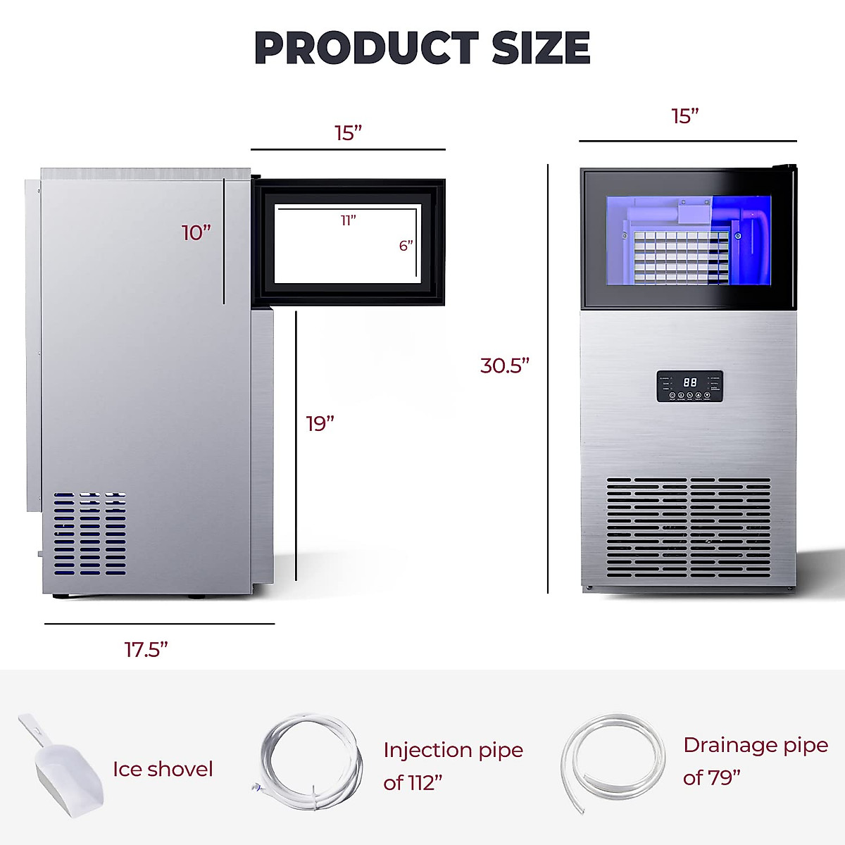COSTWAY Commercial Ice Maker Machine, 180LBS/24H Stainless Steel Under Counter Freestanding Ice Machine for Restaurant with Self-Cleaning Function, 63 Ice Cube Ready in 13-18 mins, 35 LBS Storage Bin
