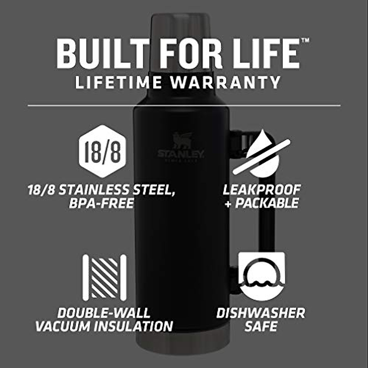 Stanley Classic Vacuum Insulated Wide Mouth Bottle - BPA-Free 18/8 Stainless Steel Thermos for Cold & Hot Beverages – Keeps Liquid Hot or Cold for Up to 24 Hours – Matte Black, 2 QT