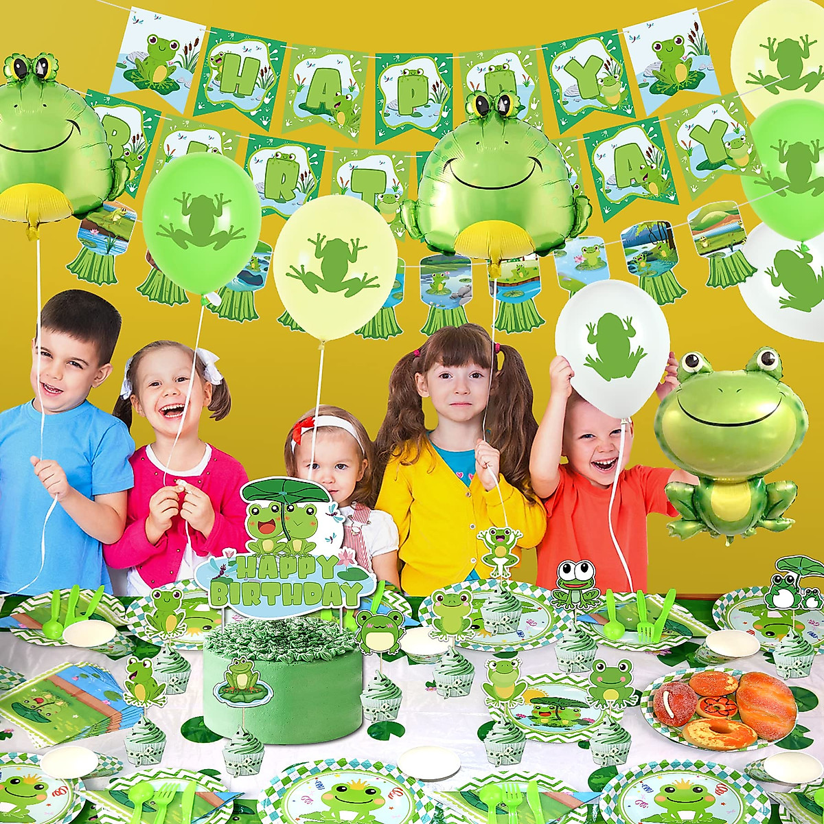 Frog birthday Party Decoration, Frog Party Supplies Tableware Includes Paper Plates, Balloons and HAPPY BIRTHDAY Banner for Green Frog Camping Baby Shower Kids Birthday Dinnerware Party, Serves 20