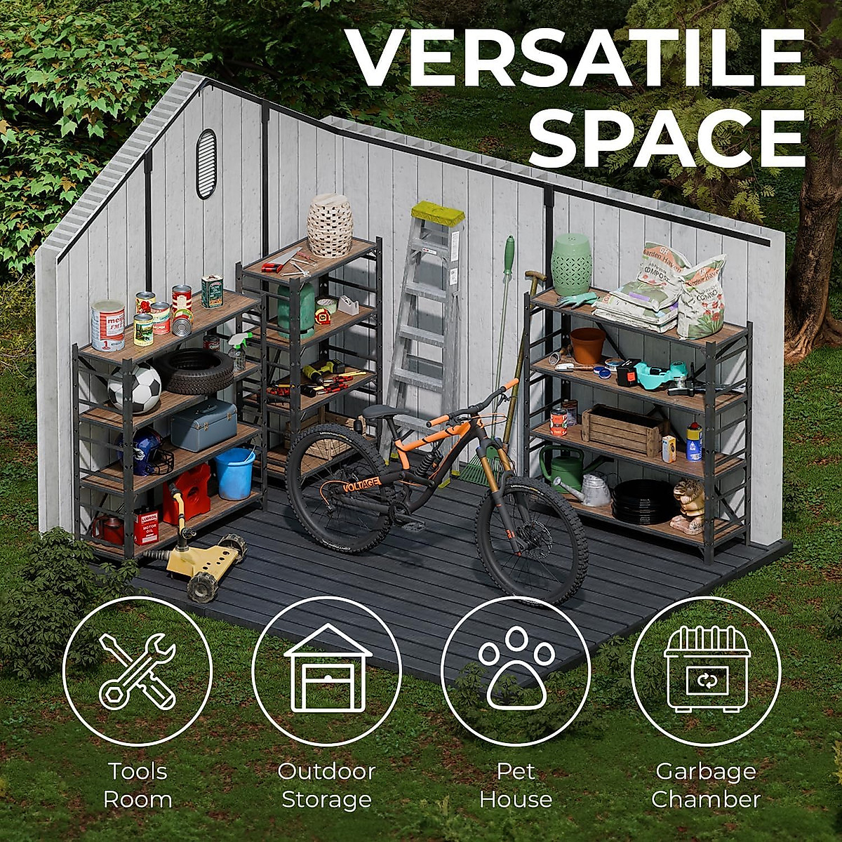 EconoHome 8x8 Ft Outdoor Storage Shed with Floor - Waterproof Shed with Lockable Door for Garden - Backyard, Tool Storage Use - Grey