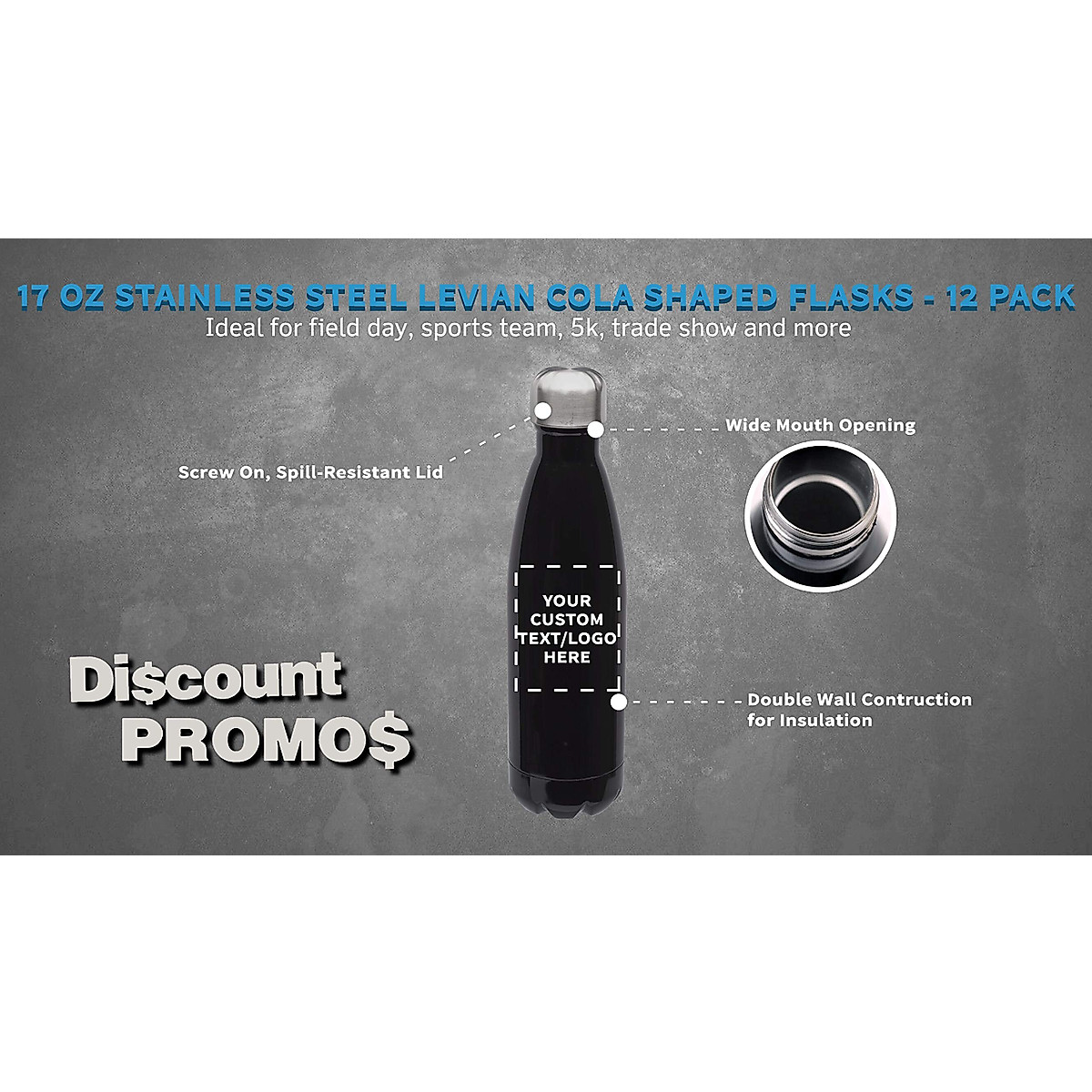 DISCOUNT PROMOS Custom Levian Cola Shaped Flasks 17 oz. Set of 12, Personalized Bulk Pack - Perfect for Gym, Camping, and Any Indoor/Outdoor Activities - Black