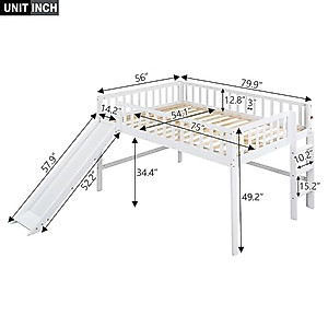 HBRR Full Size Loft Bed with Slide, Wood Low Loft Bed Frame with Ladder & Safety Guardrail, for Kids Boys Girls, White