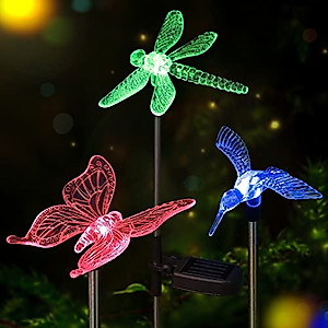 Solar Garden Lights - 3 Pack Solar Stake Light, Color Changing Solar Powered Decorative Landscape Lighting Hummingbird Butterfly Dragonfly for Outdoor Path, Yard, Lawn, Lawn, Halloween, Christmas