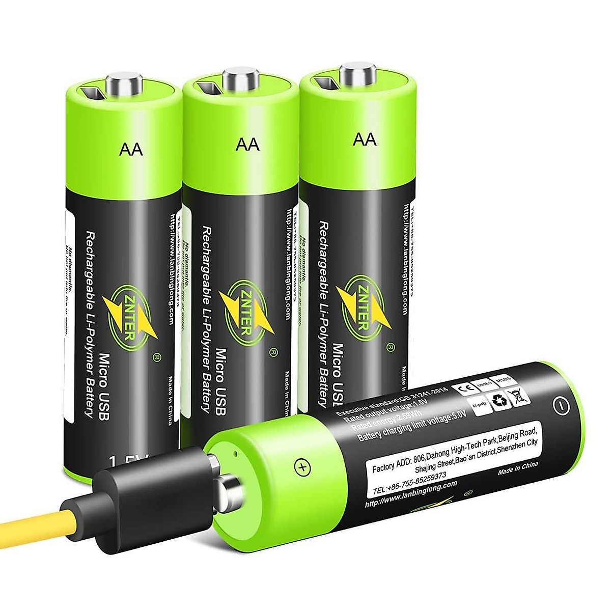 AA Batteries - USB Rechargeable Double A Lithium Batteries - Li-ion Battery Cell - 1.5V / 1700mAH (4-Pack) - Not NI-MH/NI-CD/Alkaline Batteries - ECO-Friendly and Recyclable - No Memory Effect（Green)