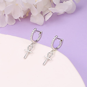 S925 Sterling Silver Ankh Cross Huggie Hoop Dangle Drop Earrings for Women Men Jewelry