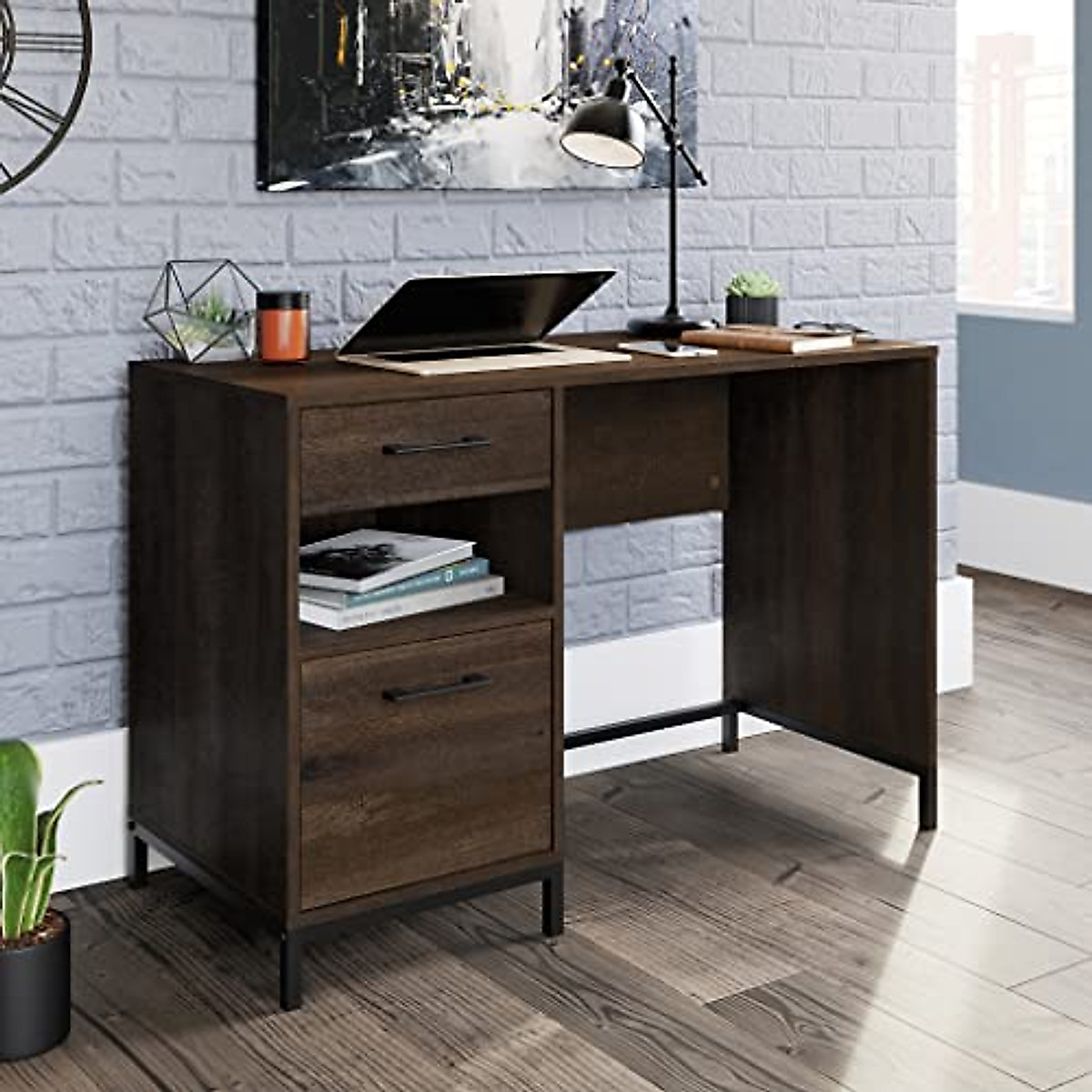 Sauder North Avenue Pedestal Home Office Desk, L: 41.97" x W: 18.50" x H: 28.15", Smoked Oak Finish
