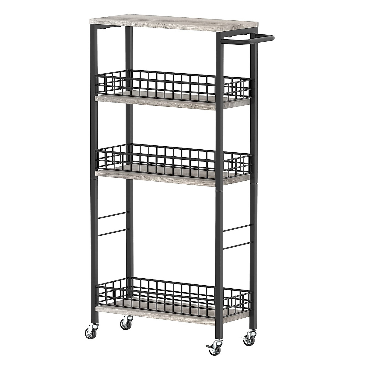 4 Tier Slim Storage Cart Narrow Laundry Cart on Wheels Utility Kitchen Rolling Cart with Wood Tabletop Mobile Shelving Unit Bathroom Storage Organizer Slide Out Rolling Tower for Narrow Spaces