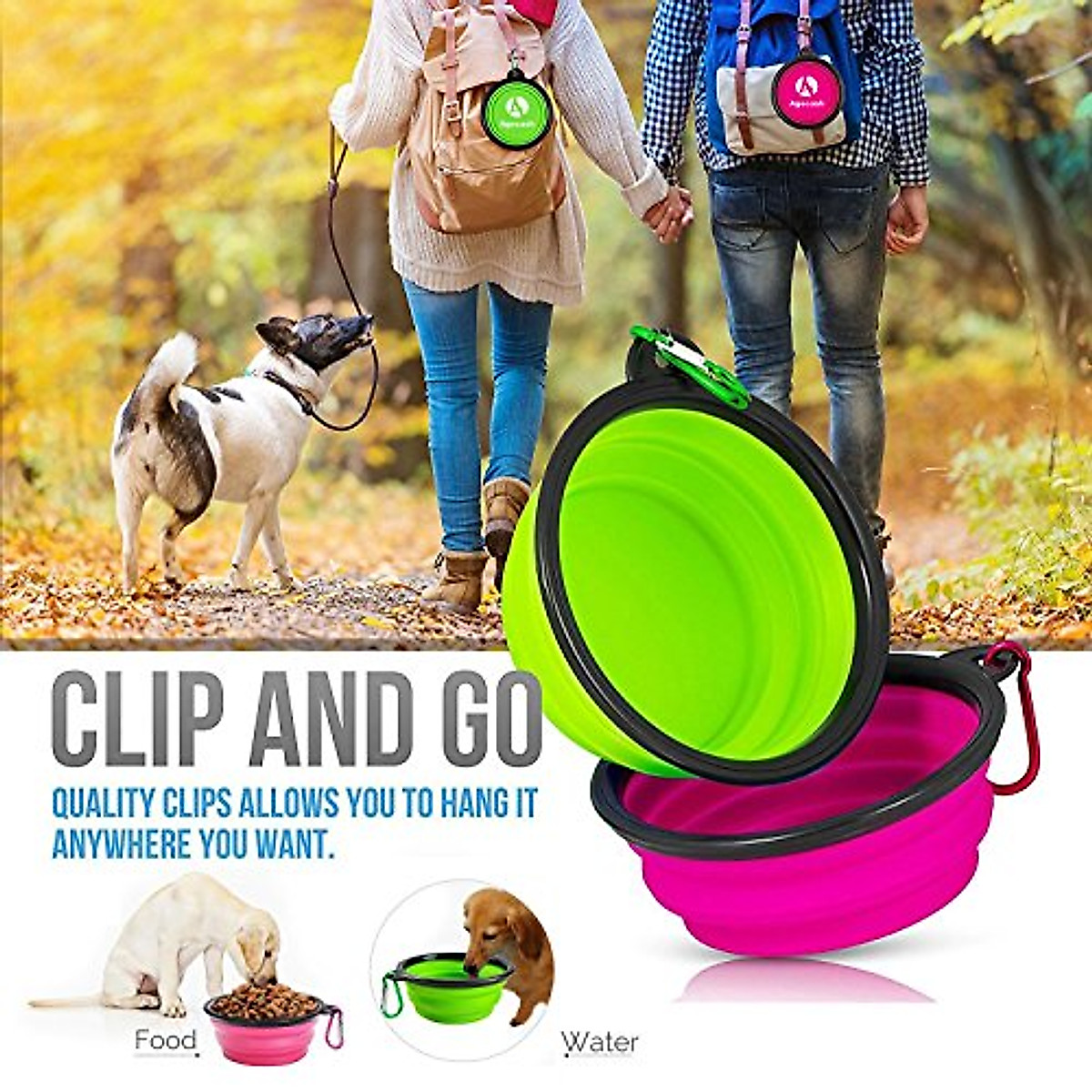 AGECASH A Collapsible Dog Bowl for Travel, 6 Pack Portable Silicone Pet Bowl, Expandable for Cat Dog Water Bowl Dish Feeding, Portable Dog Bowl with Carabiners for Walking Parking