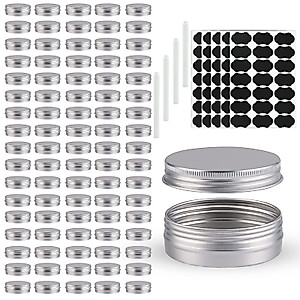 OBKJJ 102 Pack Round Cans with Screw Lid 1 Oz Aluminum Metal Tins DIY Food Candle Containers for Lotion Bars, Balms, Salve, Spices, Beard Balm, Crafts with 4 Markers 5 Sheets Label Stickers (Silver)