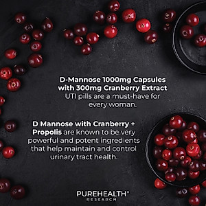 PUREHEALTH RESEARCH UTIFIX D Mannose with Cranberry Long-Term Supplement - D-Mannose for UTI 1000mg Capsules + 300mg Cranberry Extract + Propolis for Urinary Tract Health for Women and Men, 60 Count