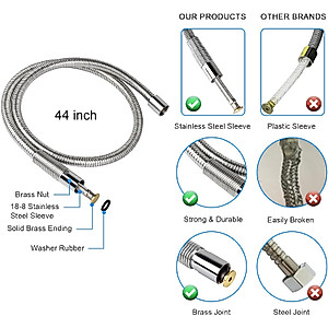 Replacement B-0044-H Commercial Sink Sprayer Hose for T&S Brass, 44 inch Stainless Steel Flexible Pre-Rinse Hose with Heat Resistant Gray Handle Commercial Kitchen Sink Faucet Dish Spray Part