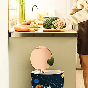 CAKOJV188 Round Trash Can with Press Lid Space Theme Solar System Kids Cartoon Planet Seamless Rocket UFO Small Garbage Can Trash