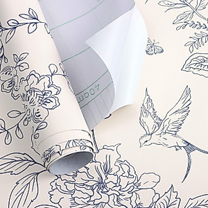 Froluya Vintage Floral Wallpaper Peel and Stick Wallpaper 118"x17.7" Removable Boho Peel and Stick Wallpaper Self Adhesive Wall Paper for Bedroom Cabinets Shelf Liner Vinyl Roll,Cream White and Blue