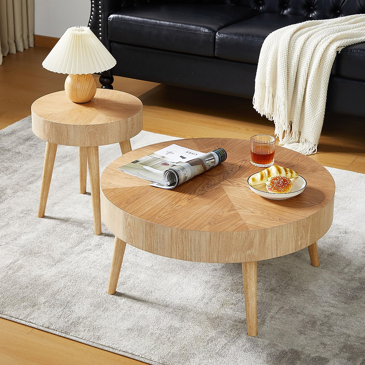 AVZEAR Nesting Round Coffee Table Set of 2, Farmhouse Modern Coffee Table, Natural Wood Nesting Tables Boho Side Table End Table Set for Living Room Bedroom, Cafe, Office, Wood Color