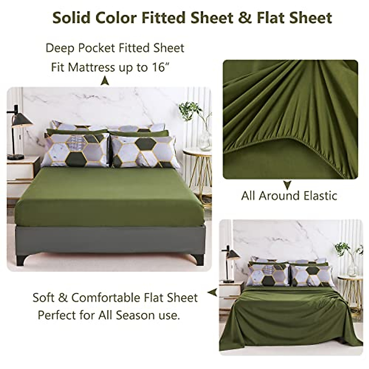 PERFEMET 8 Pieces Green King Comforter Set Geometric Marble Bedding Sets King Size Hexagon Honeycomb Print Bed in A Bag Soft Lightweight Bed Comforter Sets with Sheets (Green, King)