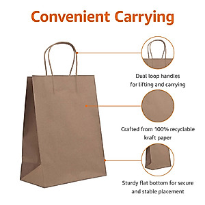 Amazon Basics Kraft Paper Gift Bags with Handles 8x4.25x10.5 Brown, 100 Pack