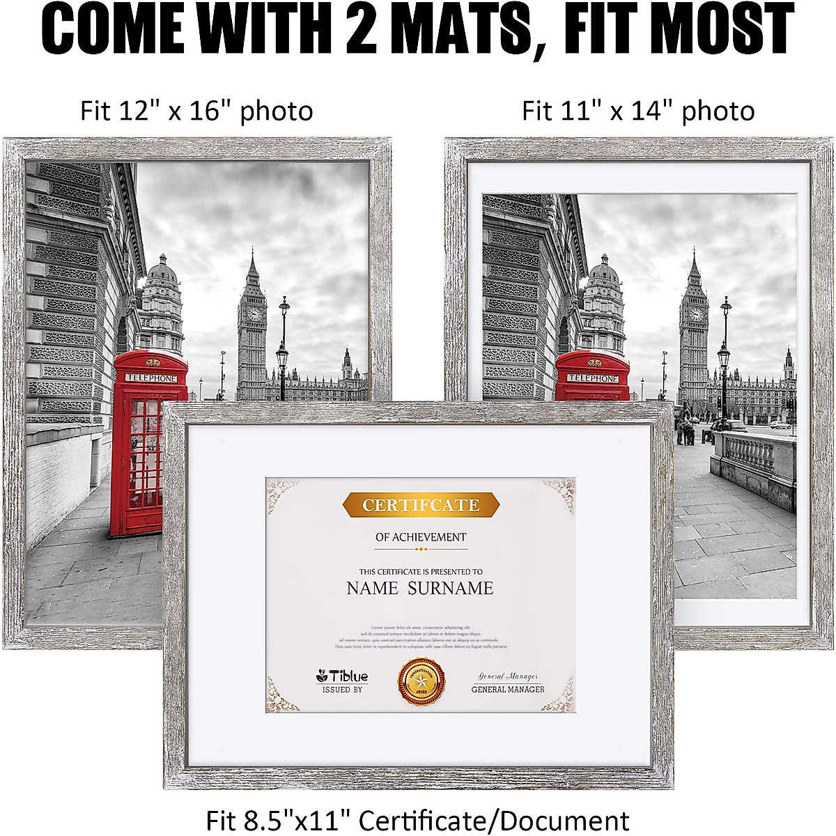 12x16 Rustic Picture Frames Solid Wood Display Pictures 11x14 or 8.5x11 Diplomas with Mat or 12x16 without Mat, Farmhouse Distressed Wooden Picture Frame for Wall or Table Top Display, Driftwood White