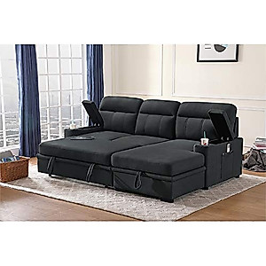 Lilola Home Kaden Black Fabric Sleeper Sectional Sofa Chaise with Storage Arms and Cupholder