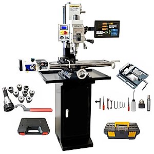 INTBUYING MIni Milling Drilling Machine Vertical R8 Mini Benchtop Mill/Drill Machine 7"X27" 1100W 20-2250rpm Variable Speed with Grating Ruler, Axis X Power Feed, Accessory R8 Tapper Package 110V