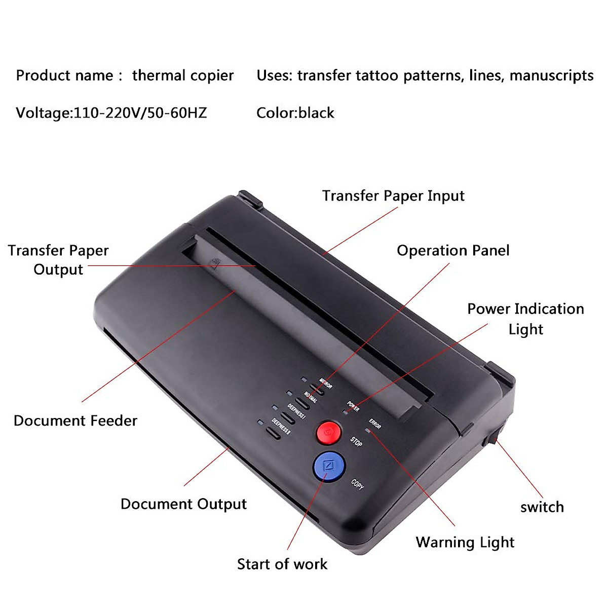 Tattoo Transfer Stencil Printer Machine with 10 Thermal Tattoo Kit Copier Printer Tattoo Transfer Stencil Paper Tattoo Stencil Printer Machine for Tattoos Supply