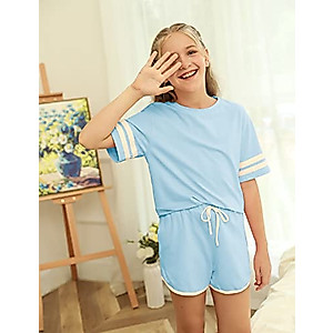 simtuor Girls Summer 2 Piece Outfit Crew Neck Striped Tops Elastic Waist Short Sets with Pockets Blue 6-18 Years
