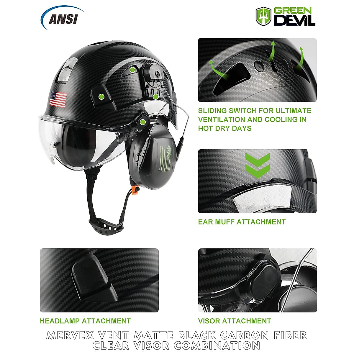 Safety Helmet Hard Hat with Visor and Ear Protection Adjustable Lightweight Vented ABS Work Helmet for Men and Women 6-Point Suspension ANSI Z89.1 Approved Ideal for Industrial & Construction