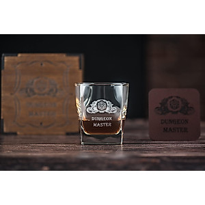 Dungeons Master gift, Whisky Glass with Gift wooden Box, full-grain leather coaster, dungeons and dragons gifts for men and women unique. Dungeons and dragons whiskey glasses