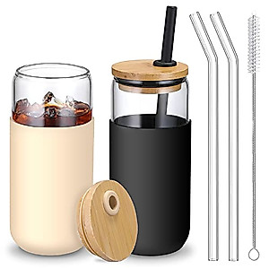 20 OZ Glass Cups with Bamboo Lids and Straws - Beer Can Shaped Drinking Glasses with Silicone Protective Sleeve Set, Iced Coffee Glasses, Cute Tumbler Cup for Water, Smoothie, Boba Tea, Gift, 2 Colors