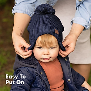 Baby Beanies, Baby Hats for Boys, Girls - Cute Toddler Winter Hat, Soft & Stretchy Beanies for Infant, Newborn 6-36 Months, Cozy & Warm with Earflap Muff & Pom (Navy)