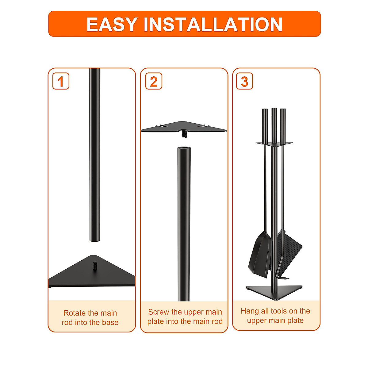 VODA Fireplace Tools Set, 4 Pcs 22.8 Inch Fireplace Tools Black Cast Iron Small Outdoor/Indoor Fireplace Accessories with Poker, Shovel, Broom, Fireplace Tool Stand