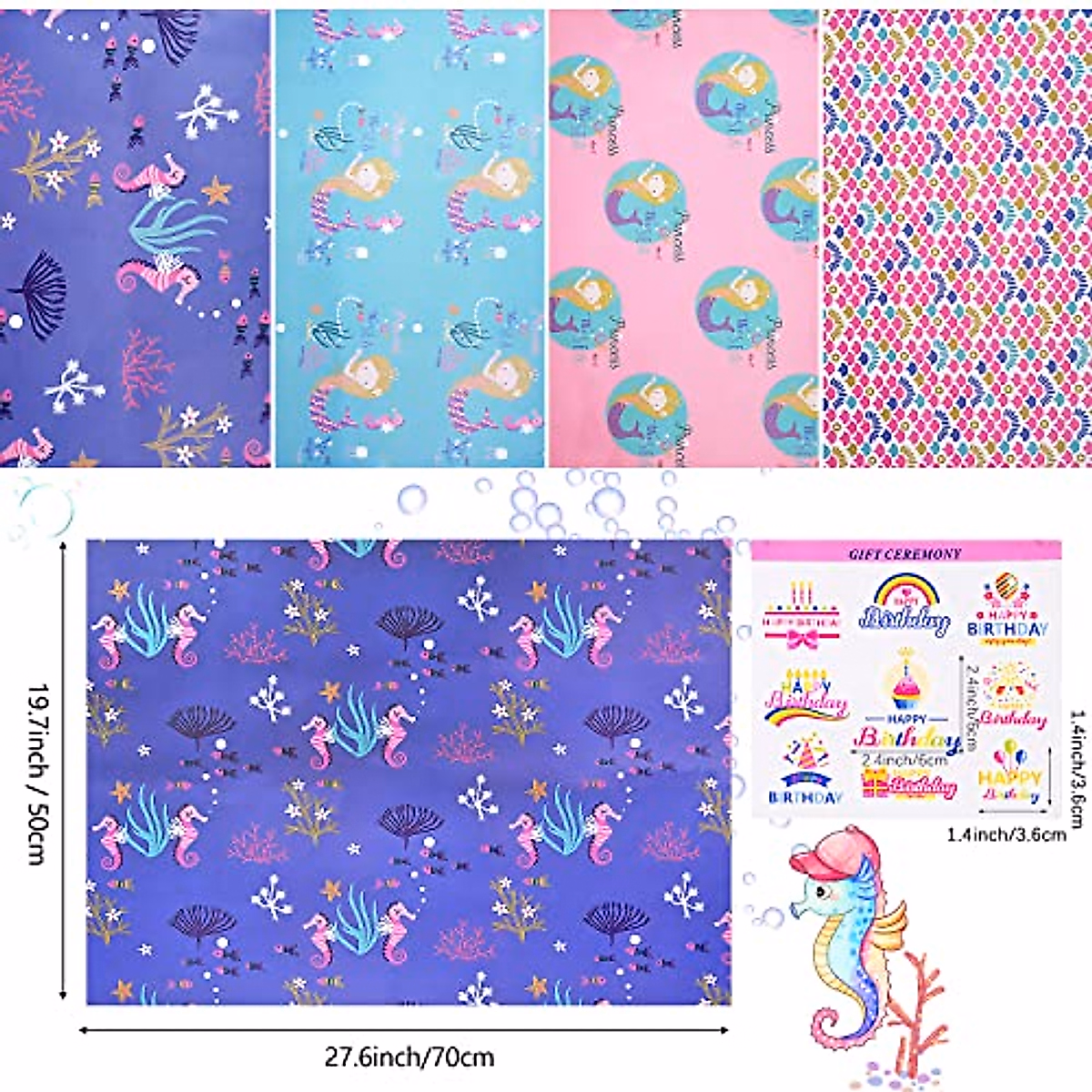 MAMUNU Gift Wrapping Paper Set Girls, 8 Sheets Mermaid Wrapping Paper with Stickers, Colorful Pink Kraft Wrapping Paper for Girls Women Kids Birthday Baby Shower Holiday Party, 20x27 Inch Per Sheet