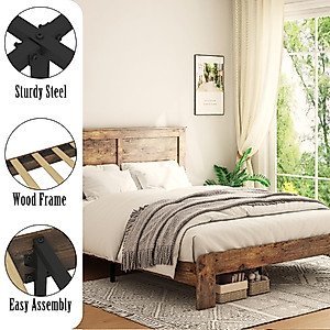 madeslves King Size Wooden Bed Frame with Headboard, Rustic Farmhouse Bedframe with Wood Slat Support, Sturdy Framework Platform Bed Frame, Easy Assembly (Rustic Brown)