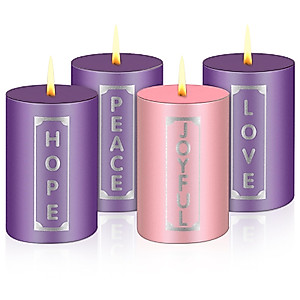 MTLEE Set of 4 Christmas Advent Candles with Words Pillar Candles Advent Wreath Candles for Adult Home Wedding Advent Rings Wreaths Church Receptions Celebrations, Purple Pink (2 x 3'')