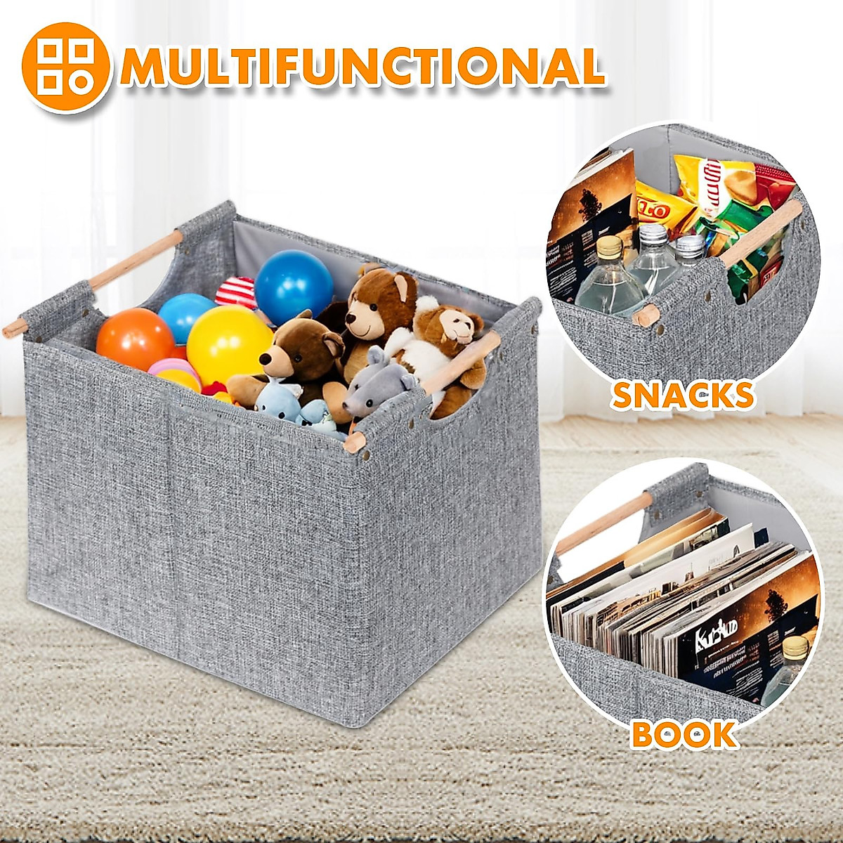 ShellKingdom Large Storage Bins, Foldable Linen Fabric Storage Baskets for Shelves, Cloth Storage Organizer Drawer for Closet Toys Storage with Wooden Handles for Home, Office, 12.59x14.96 inch, Grey