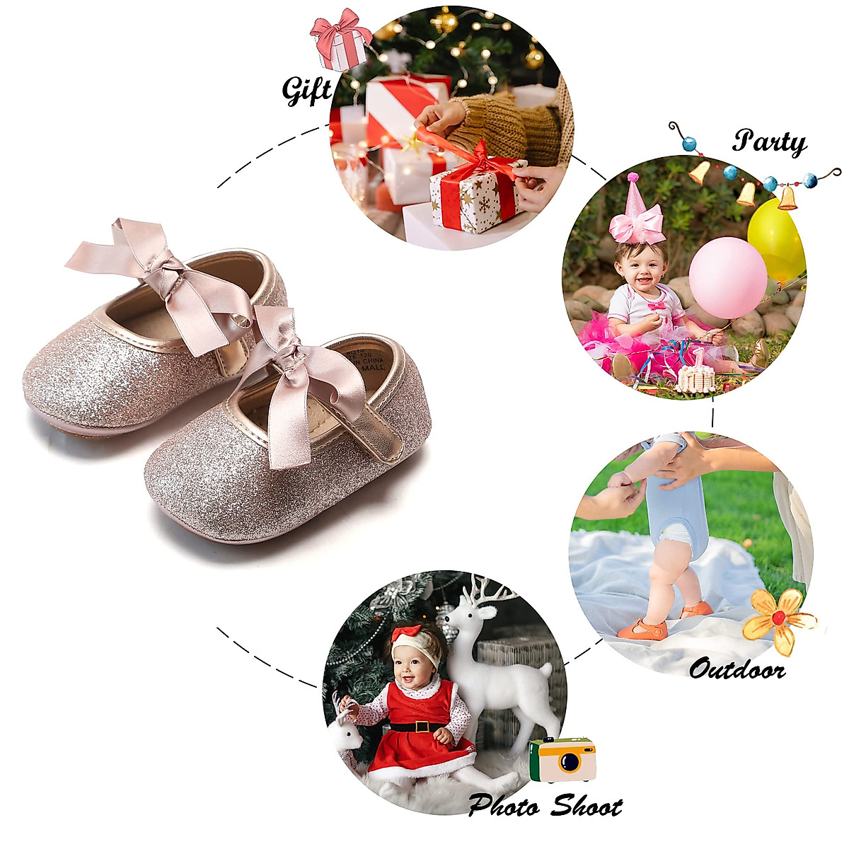 Felix & Flora Infant Baby Girls Shoes Soft Rubber Sole Princess Dress Shoes Baby Walking Shoes(Infant/Toddler)(12-18 Months Infant,Glitter Pink)
