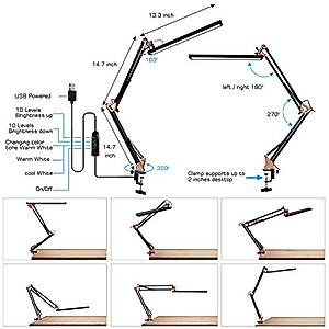 AXUF LED Desk Lamp, Metal Swing Arm Desk Lamp with Clamp, Eye-Caring Architect Desk Light, Dimmable Table Lamp with 3 Color Modes 10 Brightness Levels & Adapter, Memory Function, Rose Gold + Black
