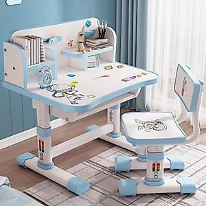 Hesitroad Kids Study Desk and Chair Set,Adjustable Children's Desk and Chair Height Children School Study Table with Cartoon Pattern,Desk Chair with Large Writing Board, Bookshelf and Book Bucket Blue