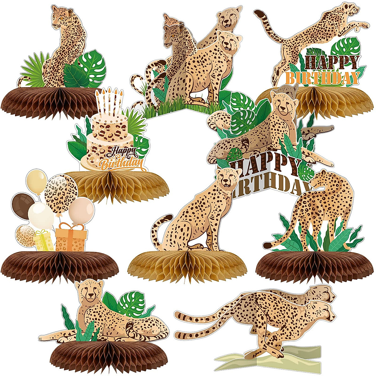 10 Pcs Leopard Birthday Decorations Leopard Table Centerpiece 3D Jungle Honeycomb Centerpieces Cheetah Birthday Decorations Cheetah Party Decorations for Jungle Happy Birthday Party Baby Shower
